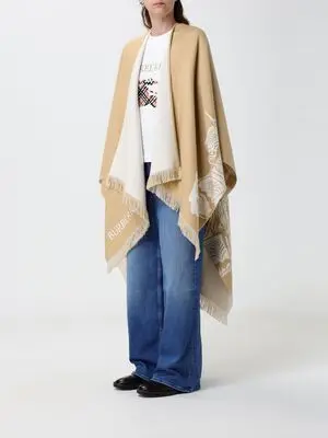 Burberry Asymmetric Wool And Silk Cape With Ekd Logo And Fringed Hem - Sand