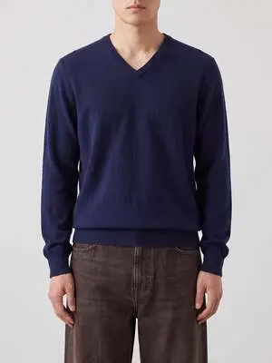 Brunello Cucinelli Pure Cashmere V-neck Jumper With Ribbed Trims - Navy