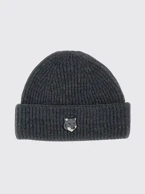 Maison Kitsuné Ribbed Wool Beanie With A Cuff And Contrast Logo - Grey