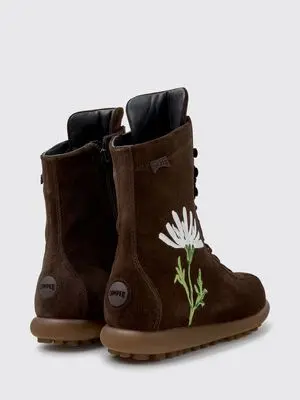 Camper Twins Floral Print Suede Combat Boots With Zip Closure