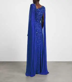 Jenny Packham Sequin Cape Twilight Gown - Blue