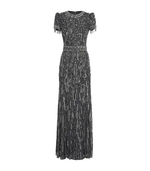 Jenny Packham Short-sleeve Rhinestone Maxi Dress