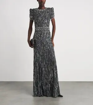 Jenny Packham Short-sleeve Rhinestone Maxi Dress