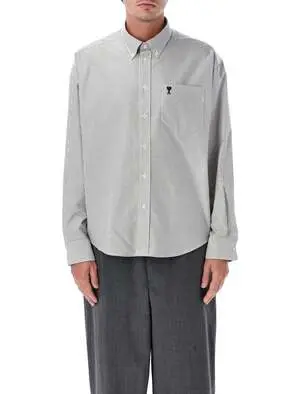 AMI Paris Striped Cotton Boxy-fit Button-down Shirt With Of Caur Chest Pocket - Bianco