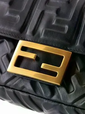 Fendi Baguette Nm Bag Zucca Embossed Leather Mini Crossbody Bag - Black