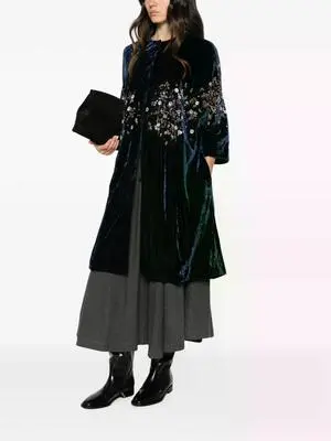 AODRESS Floral-embroidered Velvet Coat - Blue