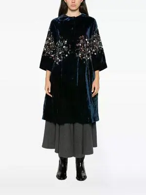 AODRESS Floral-embroidered Velvet Coat