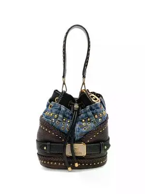 LA CARRIE Stud-embellished Denim-detail Bucket Bag - Brown