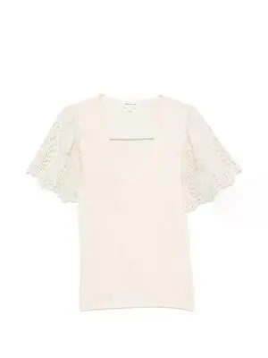 MAISON123 Lace-panelled V-neck T-shirt - Neutrals