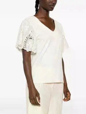 MAISON123 Lace-panelled V-neck T-shirt
