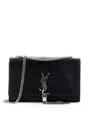 Saint Laurent Classic Monogram Tassel Crocodile Embossed Leather Medium Crossbody Bag - Black