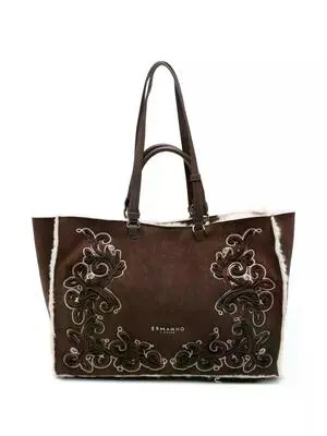 ERMANNO FIRENZE Large Shearling-trim Embroidered Tote Bag - Brown