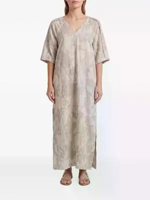 Brunello Cucinelli Maxi Leaf-pattern V-neck Dress