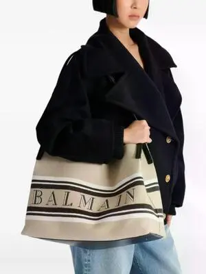 Balmain Logo-embroidered Striped Tote Bag - Neutrals