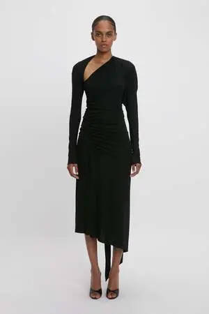 Victoria Beckham Slash-neck Ruched Midi Dress - Black