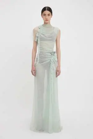 Victoria Beckham Gathered Tulle Detail Floor-length Dress - Jade