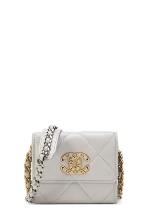 Chanel Lambskin 19 Flap Card Holder On Chain - Grey
