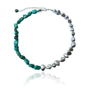 RARE MATTERS JEWELRY Natural Turquoise And Sterling Silver Nugget Duo Statement Necklace - Blue