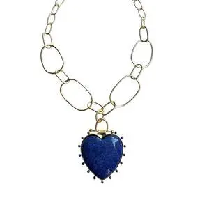 RARE MATTERS JEWELRY Blue / Gold Luxe Lapis Heart Statement Chunky Pendant Necklace - Blue/gold