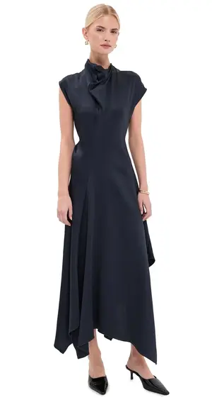 Victoria Beckham High Neck Draped Midi Dress - Midnight