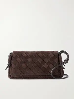 Bottega Veneta Notturno Intrecciato Suede Shoulder Bag - Brown
