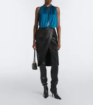 Balmain Draped Leather Midi Skirt
