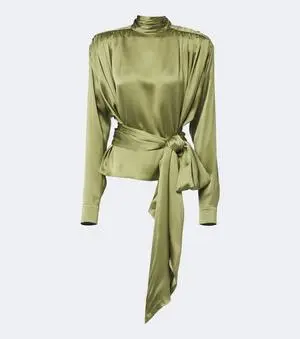 Balmain Belted Silk Satin Top - Green