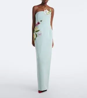 Oscar De La Renta Floral Embroidered Silk Bustier Gown