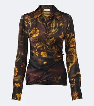 Dries Van Noten Draped Floral Silk Satin Wrap Top
