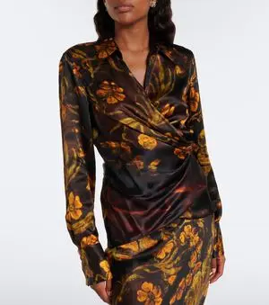 Dries Van Noten Draped Floral Silk Satin Wrap Top