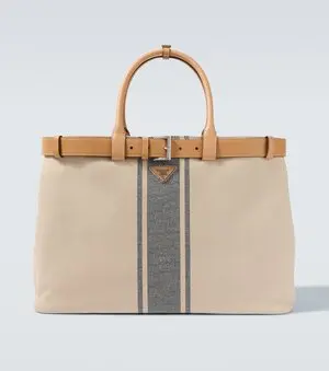 Prada Buckle Leather-trimmed Canvas Tote Bag - Beige