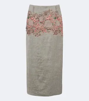 Dries Van Noten Embroidered Linen And Cotton-blend Midi Skirt - Grey