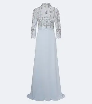 Costarellos Brona Embellished Lace-paneled Crêpe Gown