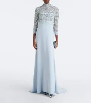 Costarellos Brona Embellished Lace-paneled Crêpe Gown
