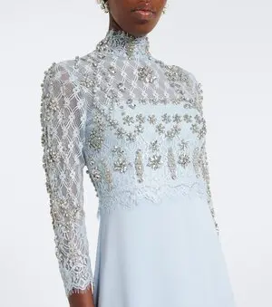 Costarellos Brona Embellished Lace-paneled Crêpe Gown