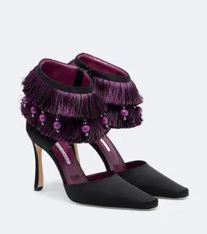 Manolo Blahnik Sorolla Embellished Fringed Satin Pumps