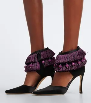Manolo Blahnik Sorolla Embellished Fringed Satin Pumps