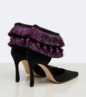 Manolo Blahnik Sorolla Embellished Fringed Satin Pumps
