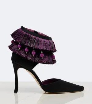 Manolo Blahnik Sorolla Embellished Fringed Satin Pumps