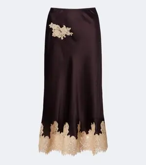 DÔEN Elowen Lace-trimmed Silk Satin Midi Skirt - Brown