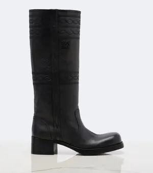 Miu Miu Embroidered Leather Knee-high Boots - Black