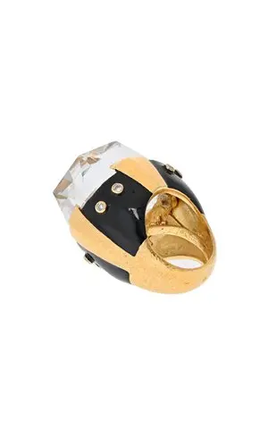 THE BACK VAULT David Webb Platinum & 18k Yellow Rock Crystal Black Enamel Diamond Ring