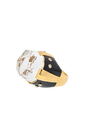 THE BACK VAULT David Webb Platinum & 18k Yellow Rock Crystal Black Enamel Diamond Ring