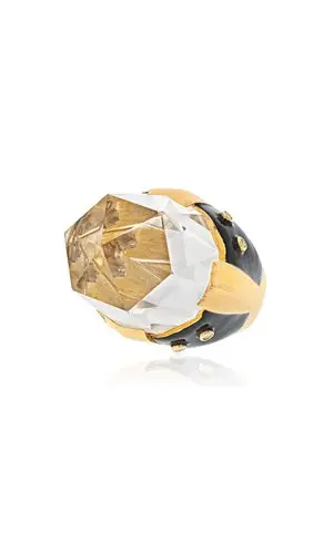 THE BACK VAULT David Webb Platinum & 18k Yellow Rock Crystal Black Enamel Diamond Ring