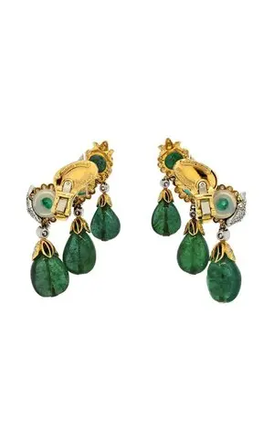 THE BACK VAULT David Webb Smooth Briolette Cut Green Emerald Cascading Diamond Earrings