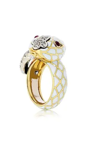THE BACK VAULT David Webb 18k Yellow Snake Serpent White Enamel Ruby And Diamonds Ring