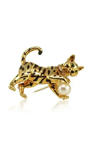 THE BACK VAULT Cartier Panthere 18k Yellow French Diamond & Pearl Cat Brooch - Gold