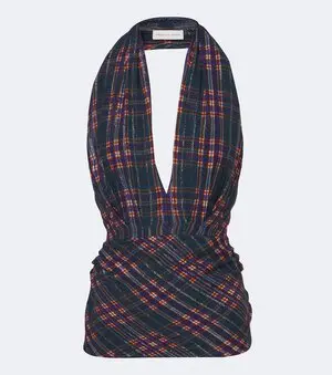 Dries Van Noten Plaid Lamé Halterneck Top - Blue