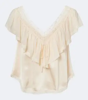 DÔEN Yadira Lace-trimmed Ruffled Silk Blouse - White