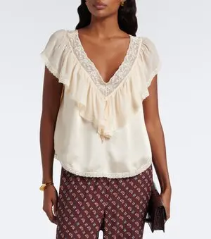 DÔEN Yadira Lace-trimmed Ruffled Silk Blouse